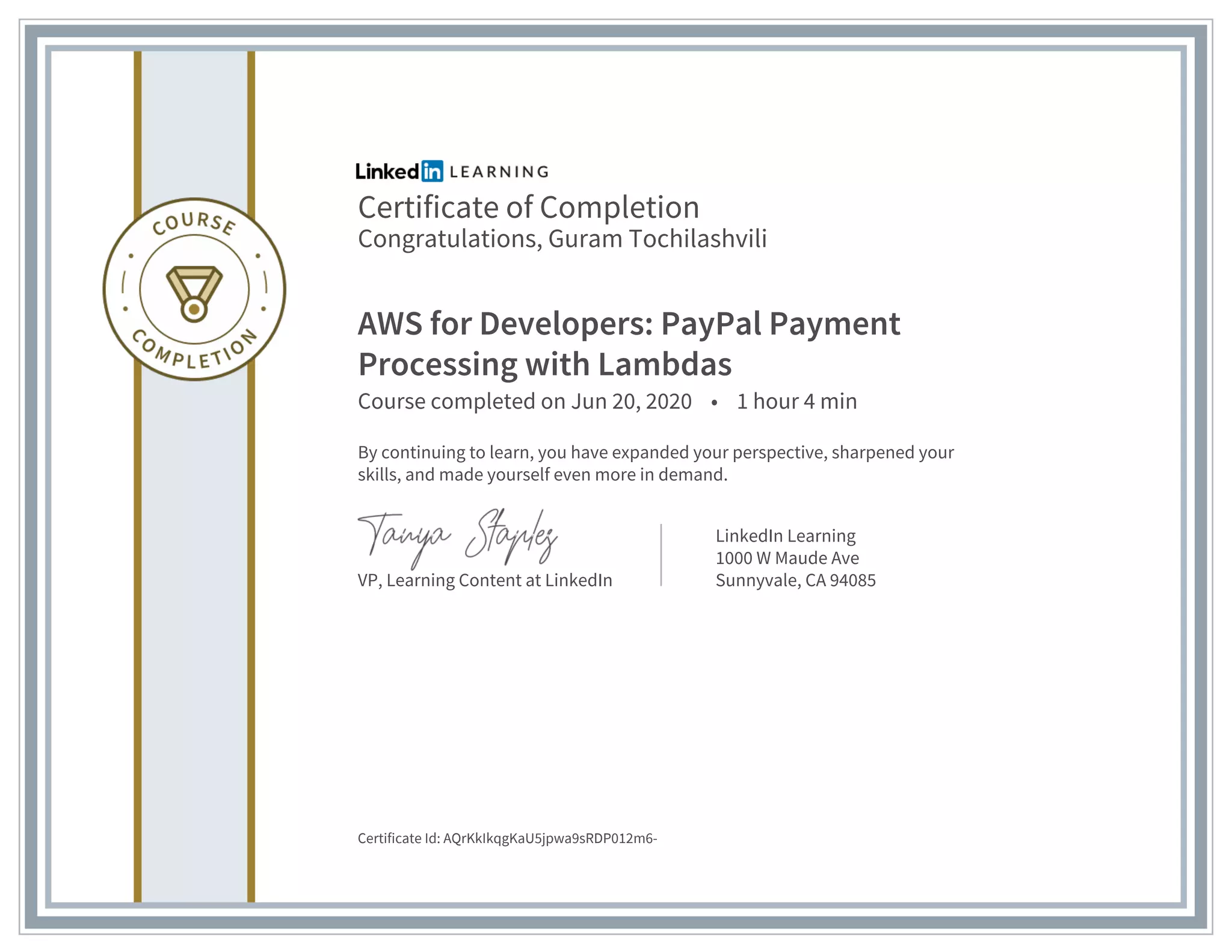 Certificate of completion aws for developers_ paypal payment processing with lambdas | PPT