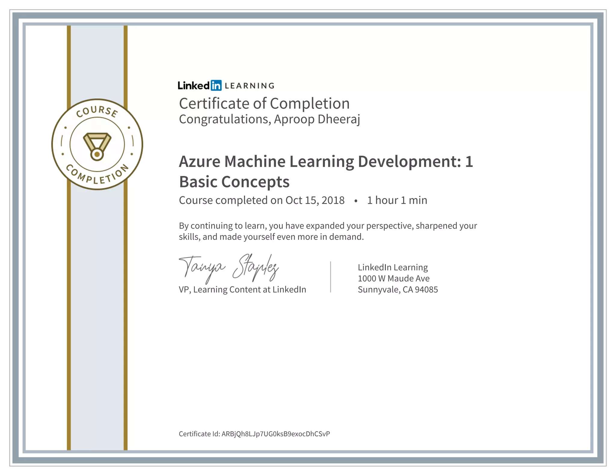 Certificate ofcompletion azure machine learning development 1 basic ...