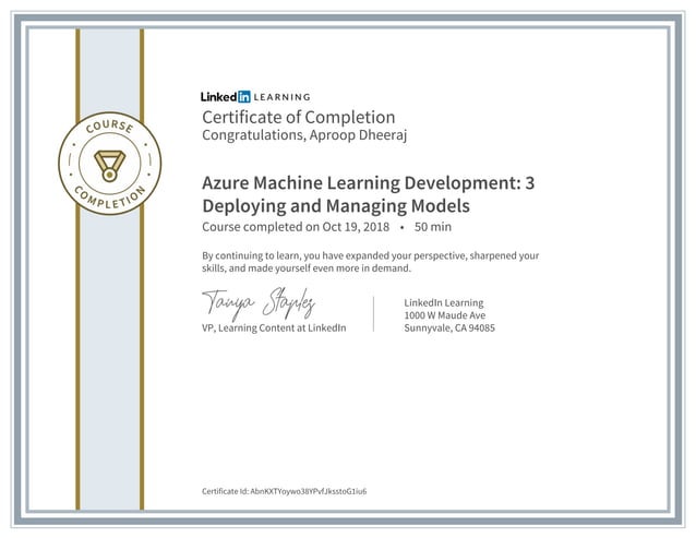 Certificate ofcompletion azure machine learning development 3 deploying and managing models | PPT