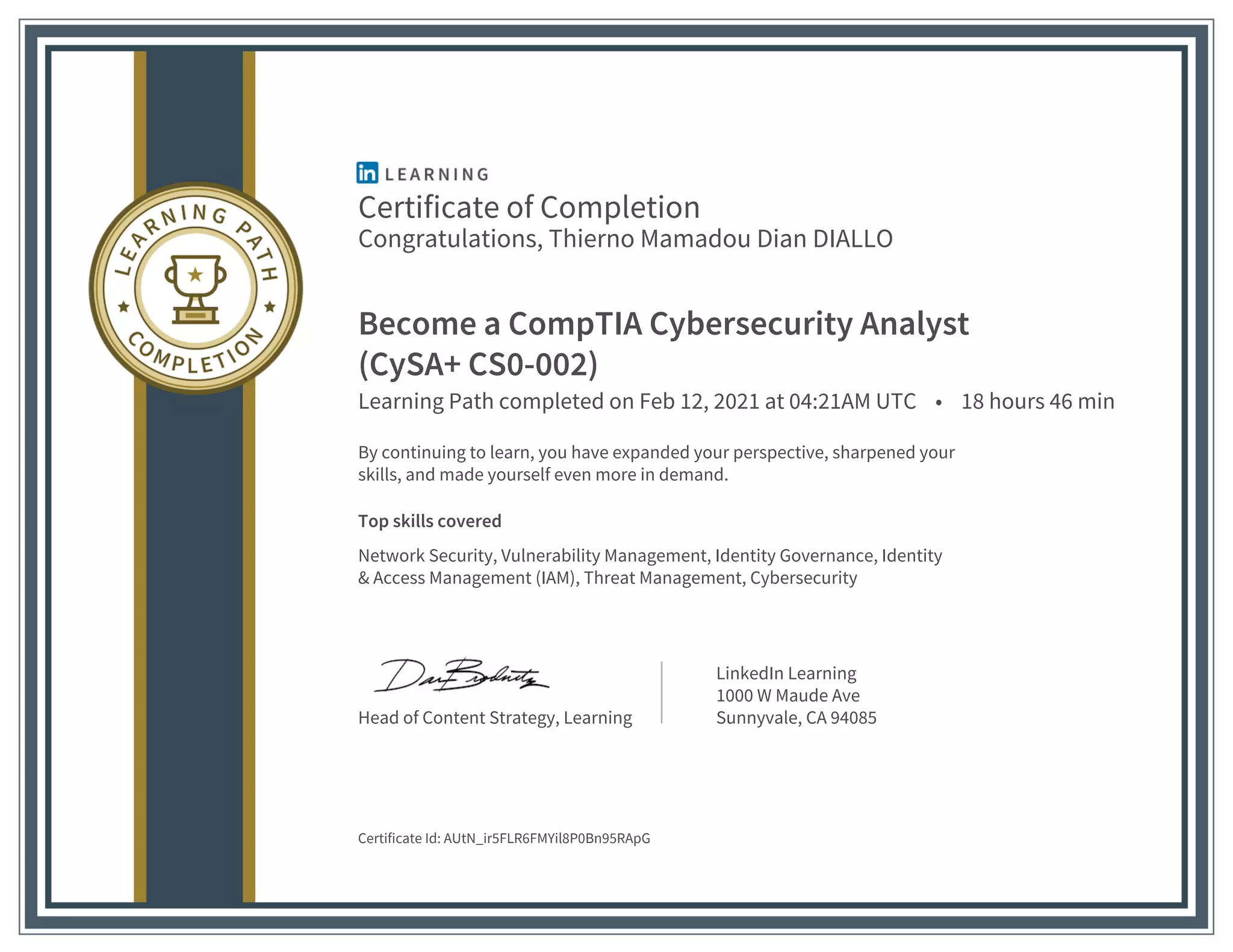 Certificate ofcompletion become a comptia cybersecurity analyst cysa ...