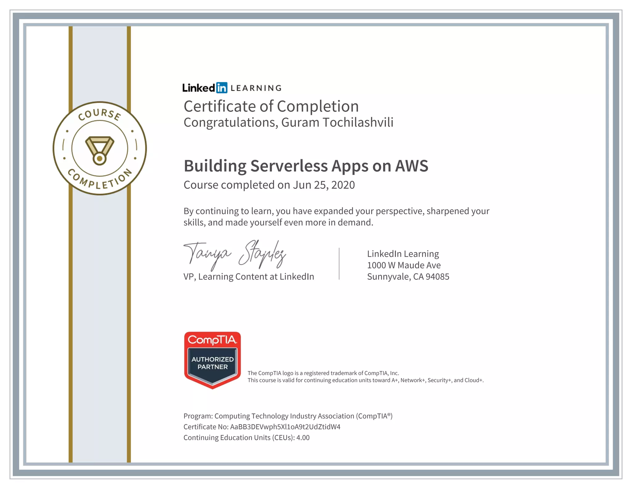 Certificate of completion building serverless apps on aws (comptia authorized partner) | PPT