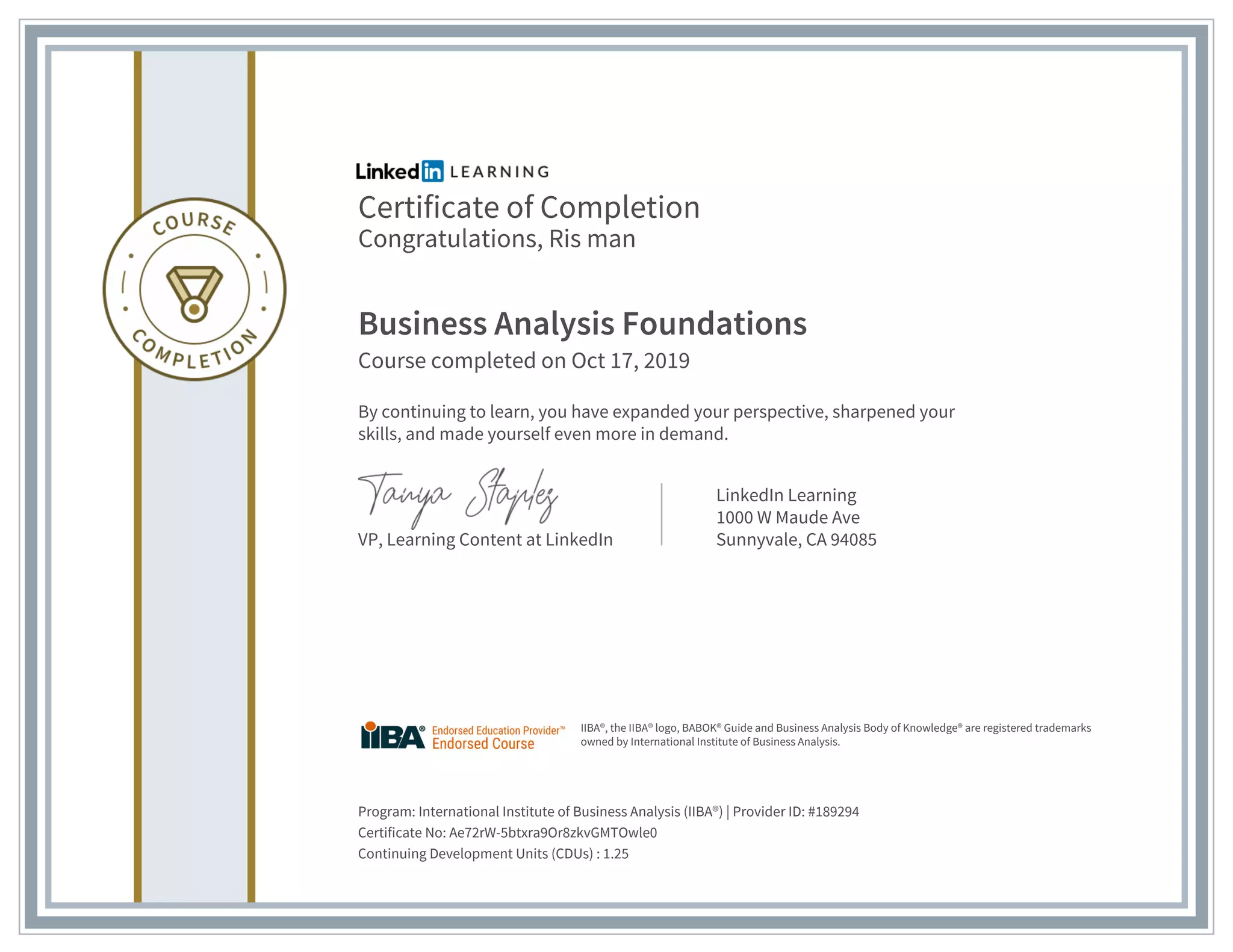 Certificate Of completion Business Analysis Foundations | PPT