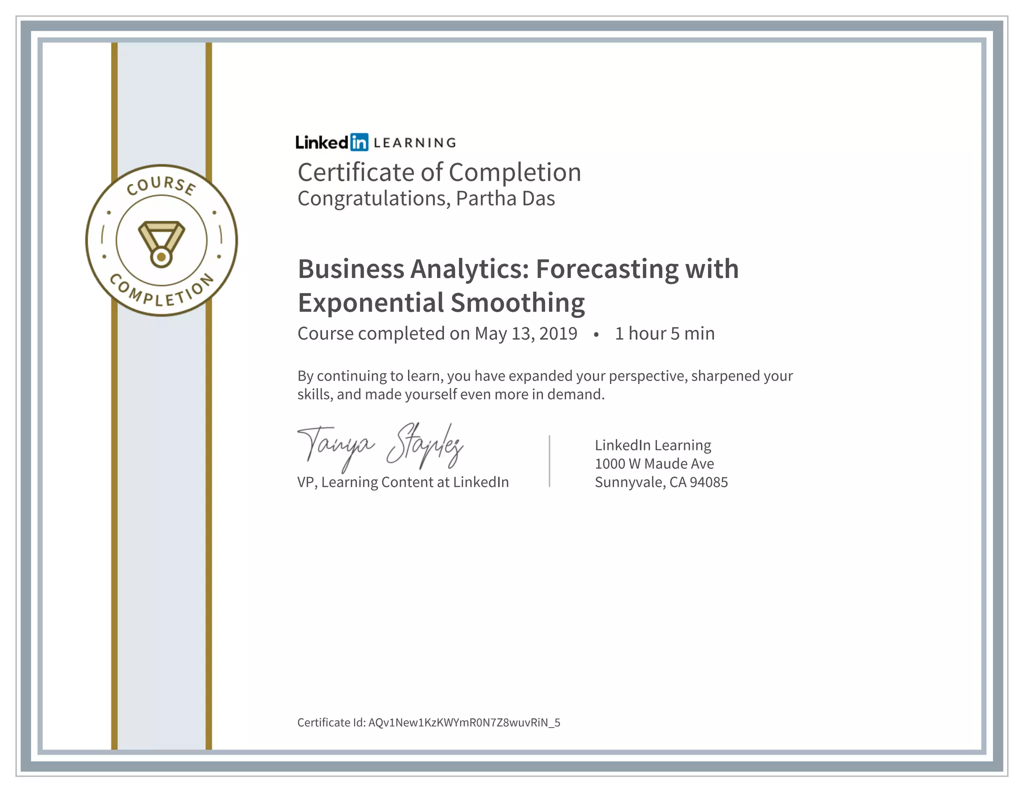 Certificate of completion - Business Analytics: Forecasting with Exponential Smoothing | PDF