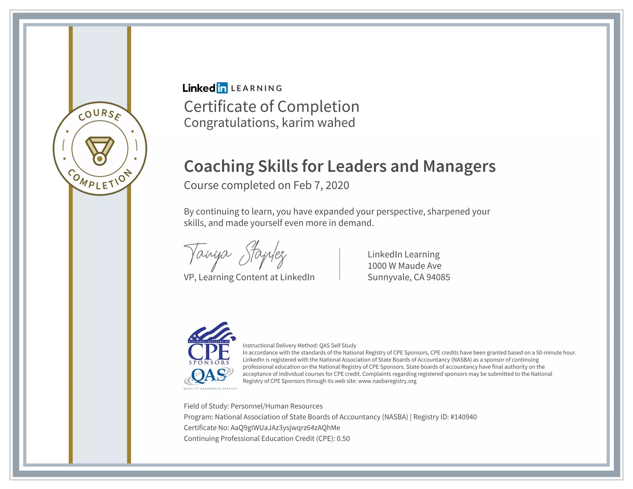 Certificate of Completion coaching skills for leaders and managers | PDF
