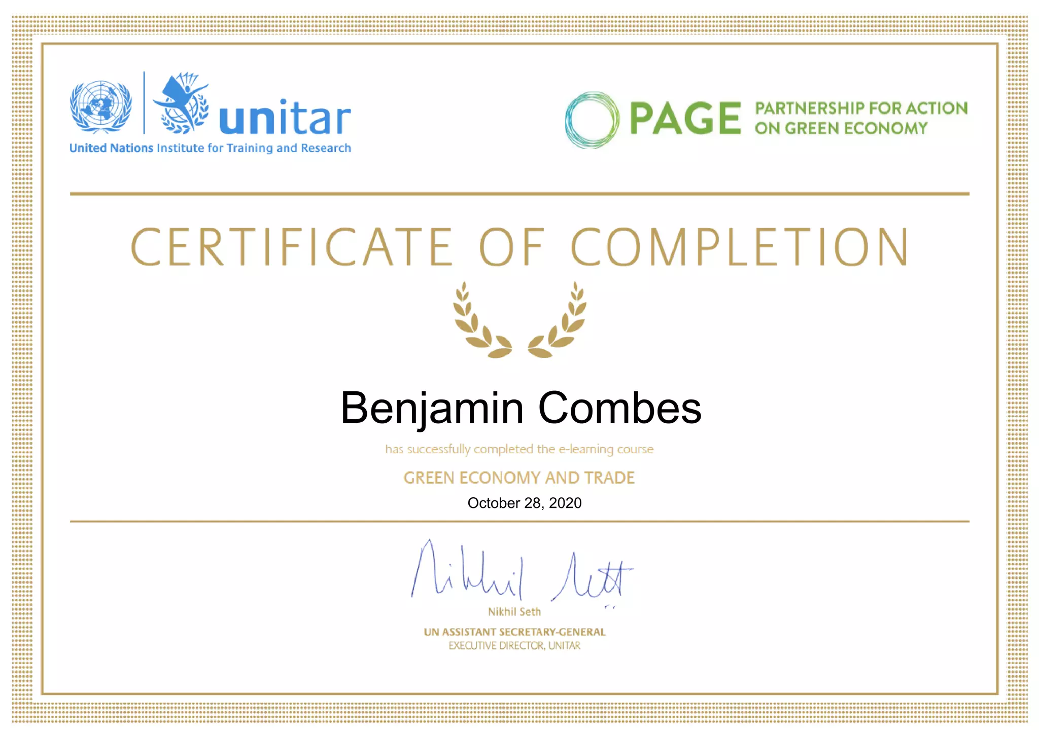 Certificate of completion - Green Economy and Trade - COMBES Benjamin | PPT