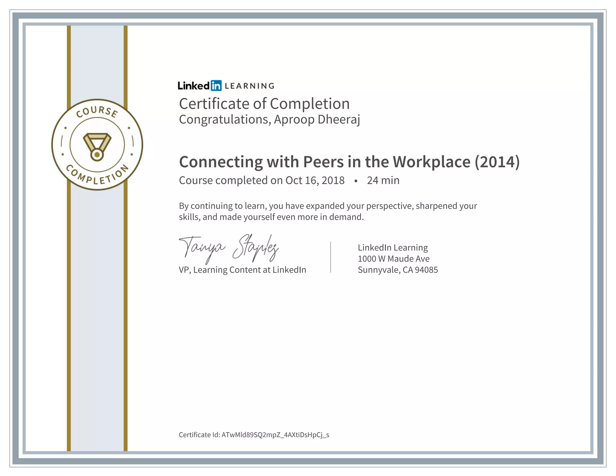Certificate ofcompletion connecting with peers in the workplace 2014 | PDF