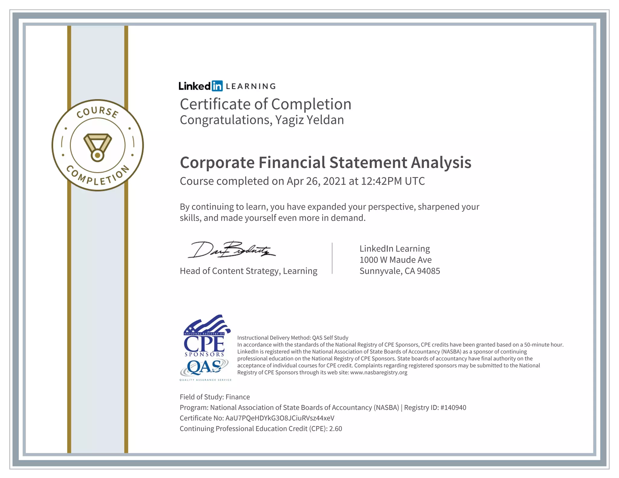 Certificate of Completion Corporate Financial Statement Analysis | PDF