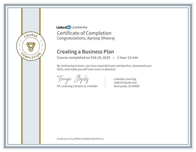 Certificate ofcompletion creating a business plan 2 | PDF
