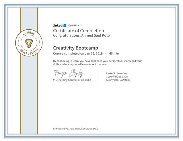 Certificate of completion creativity bootcamp - Ahmed Said Kotb | PDF