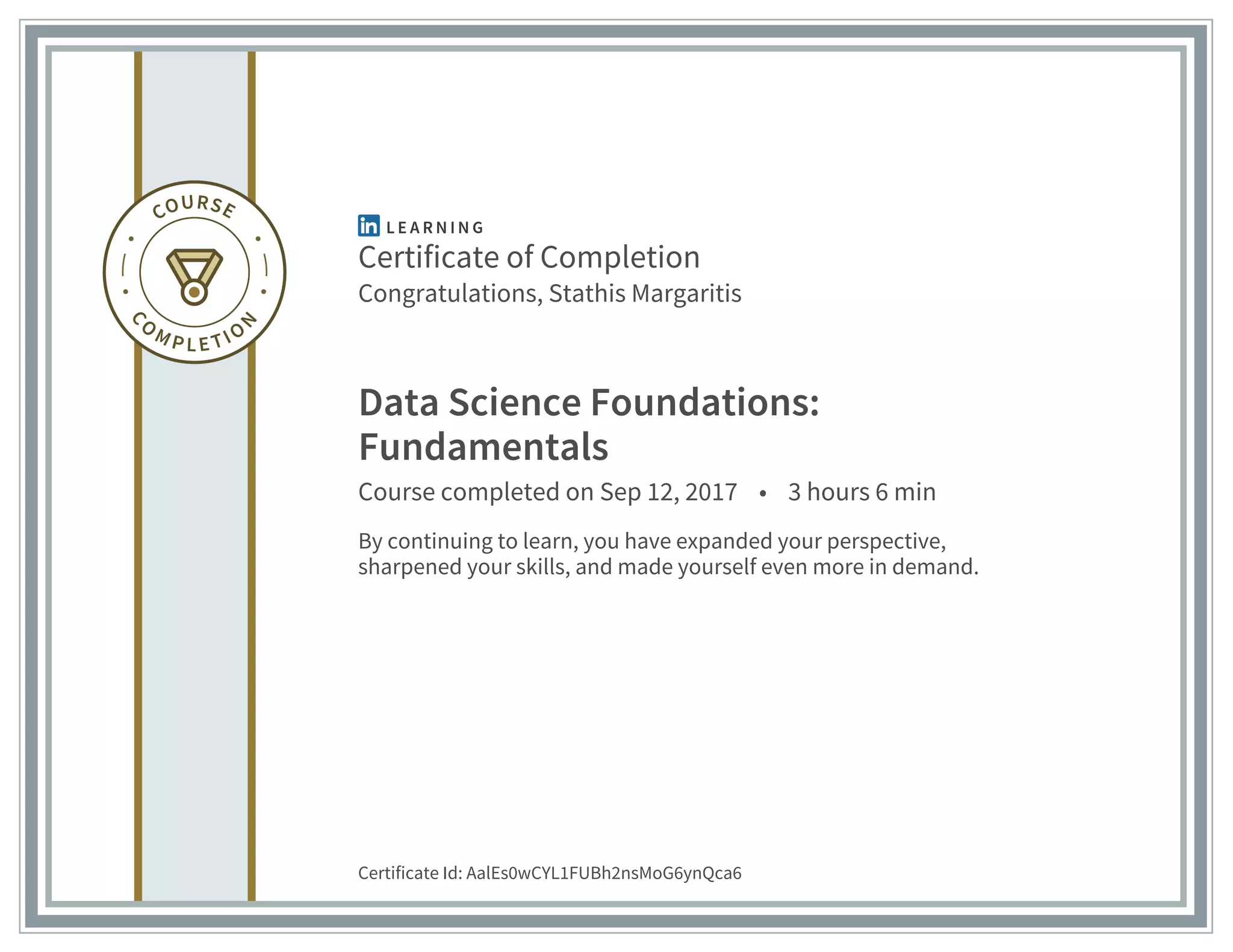 Certificate Of Completion Data Science Foundations Fundamentals Ppt