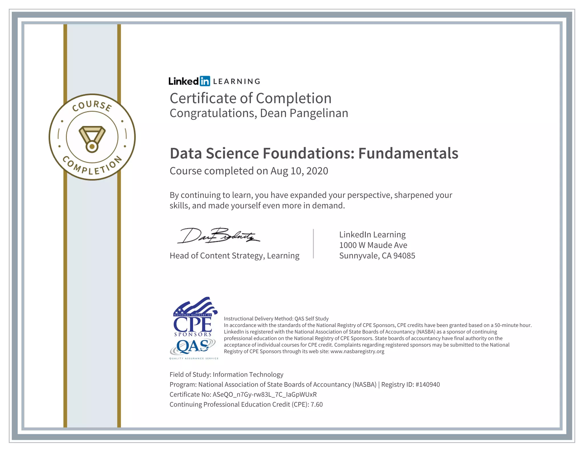 LinkedIn Certificate - "Data Science Foundations: Fundamentals" (NASBA ...