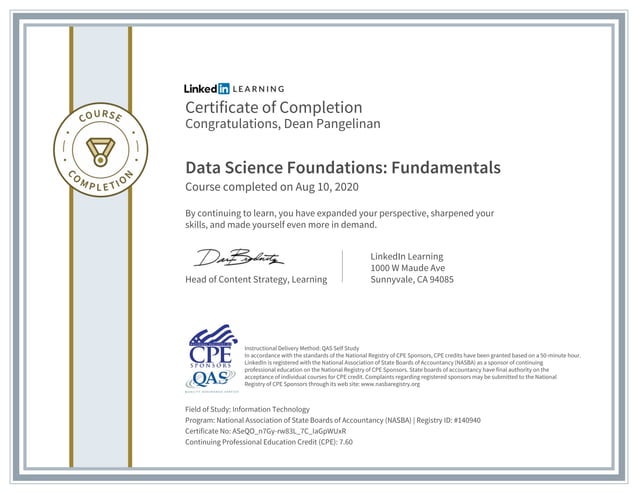 LinkedIn Certificate - "Data Science Foundations: Fundamentals" (NASBA) | PPT