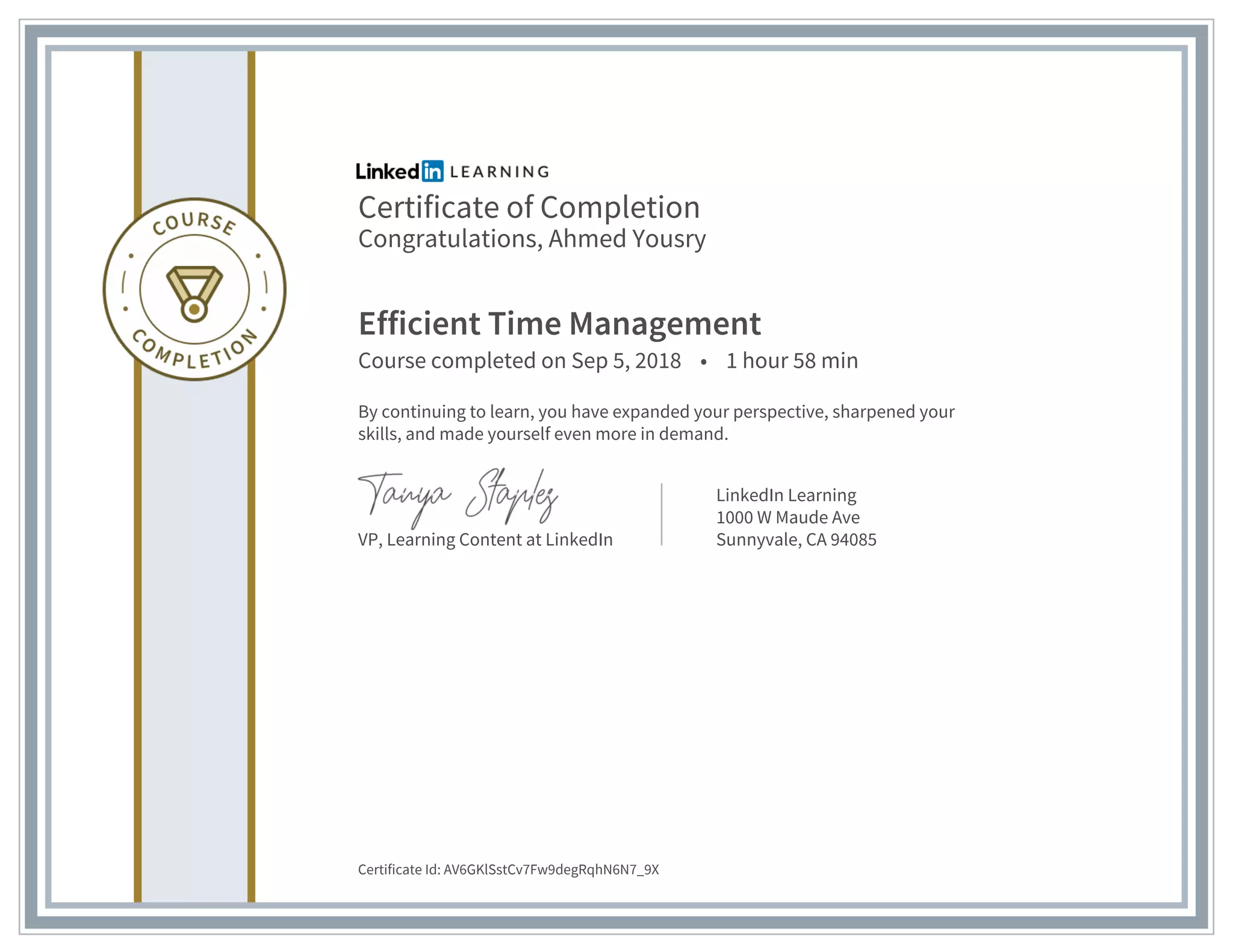 Certificate of completion efficient time management | PDF