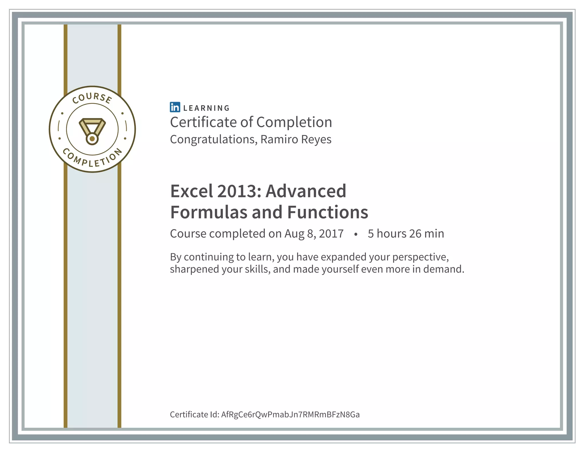 Certificate ofcompletion excel2013advancedformulasandfunctions | PPT