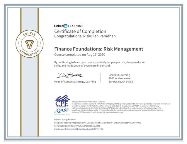 Certificate of completion finance foundations: risk management | PDF | Business | Business and ...