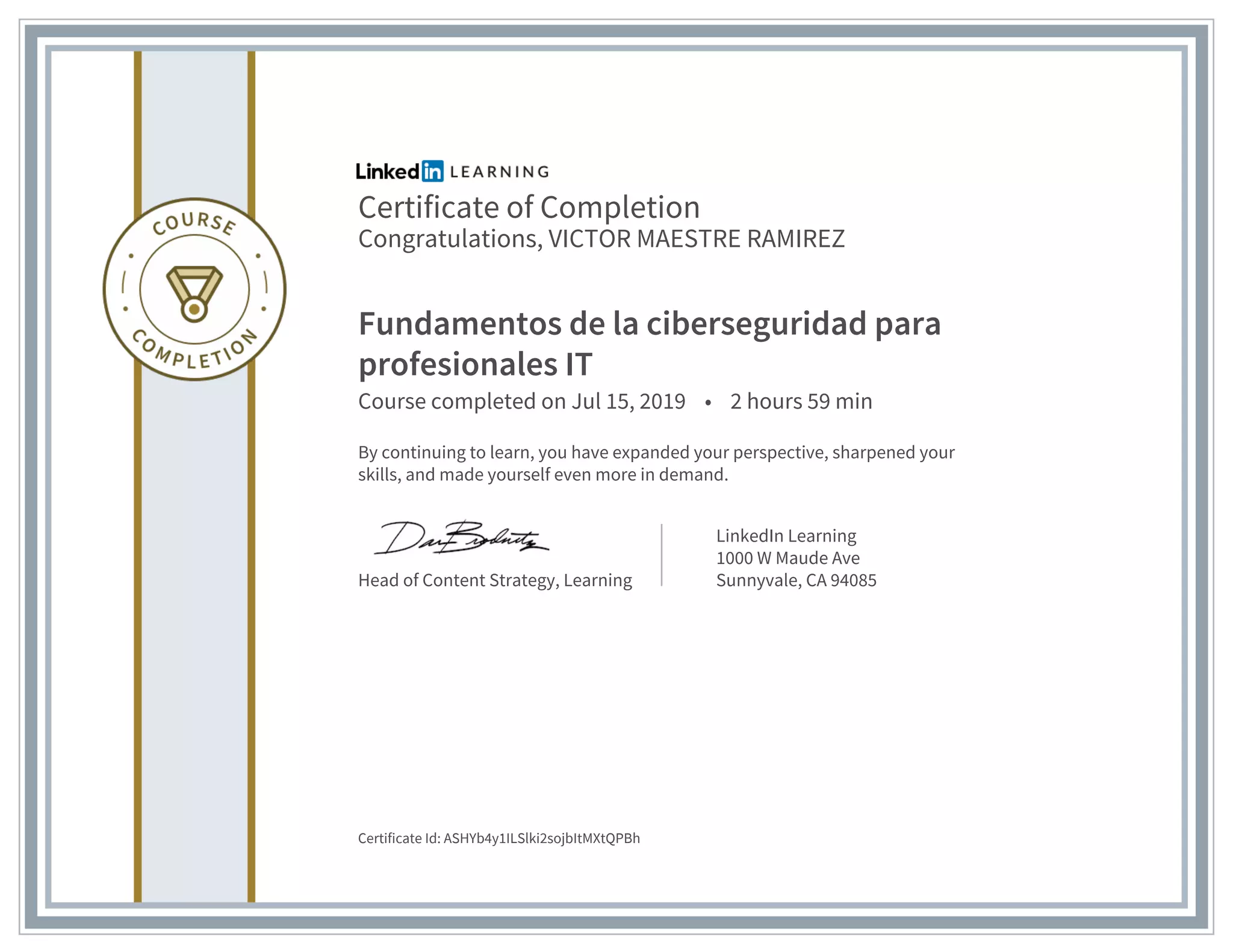 Certificate for Fundamentos de la Ciberseguridad para Profesionales IT ...