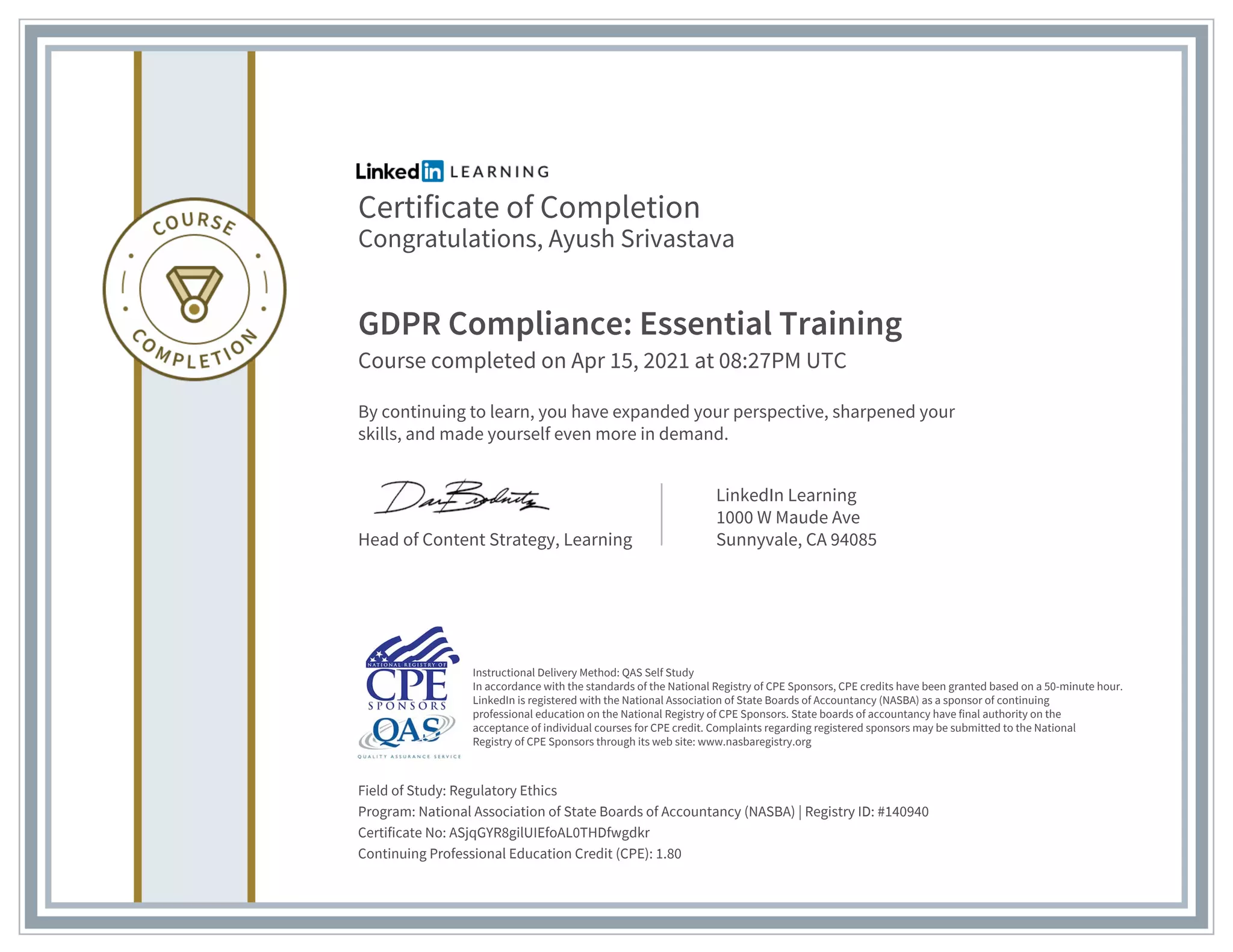 Certificate ofcompletion gdpr compliance essential training test passed ...
