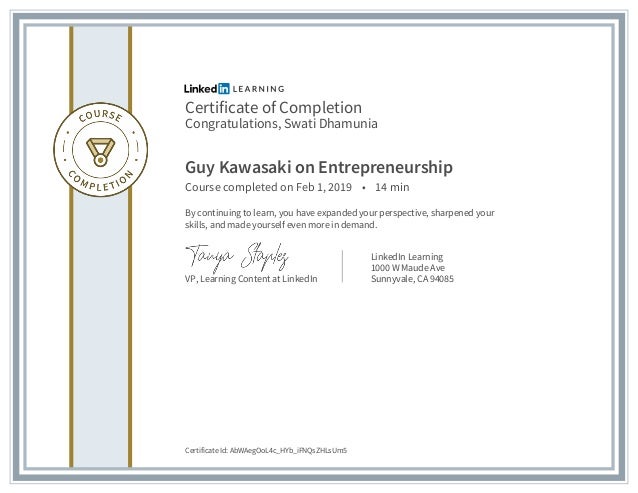Certificate ofcompletion guy kawasaki on entrepreneurship