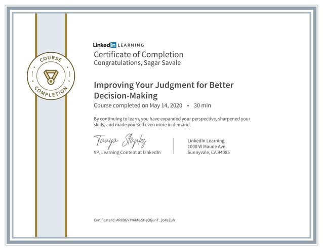 Certificate of completion improving your judgment for better decision-making | PPT