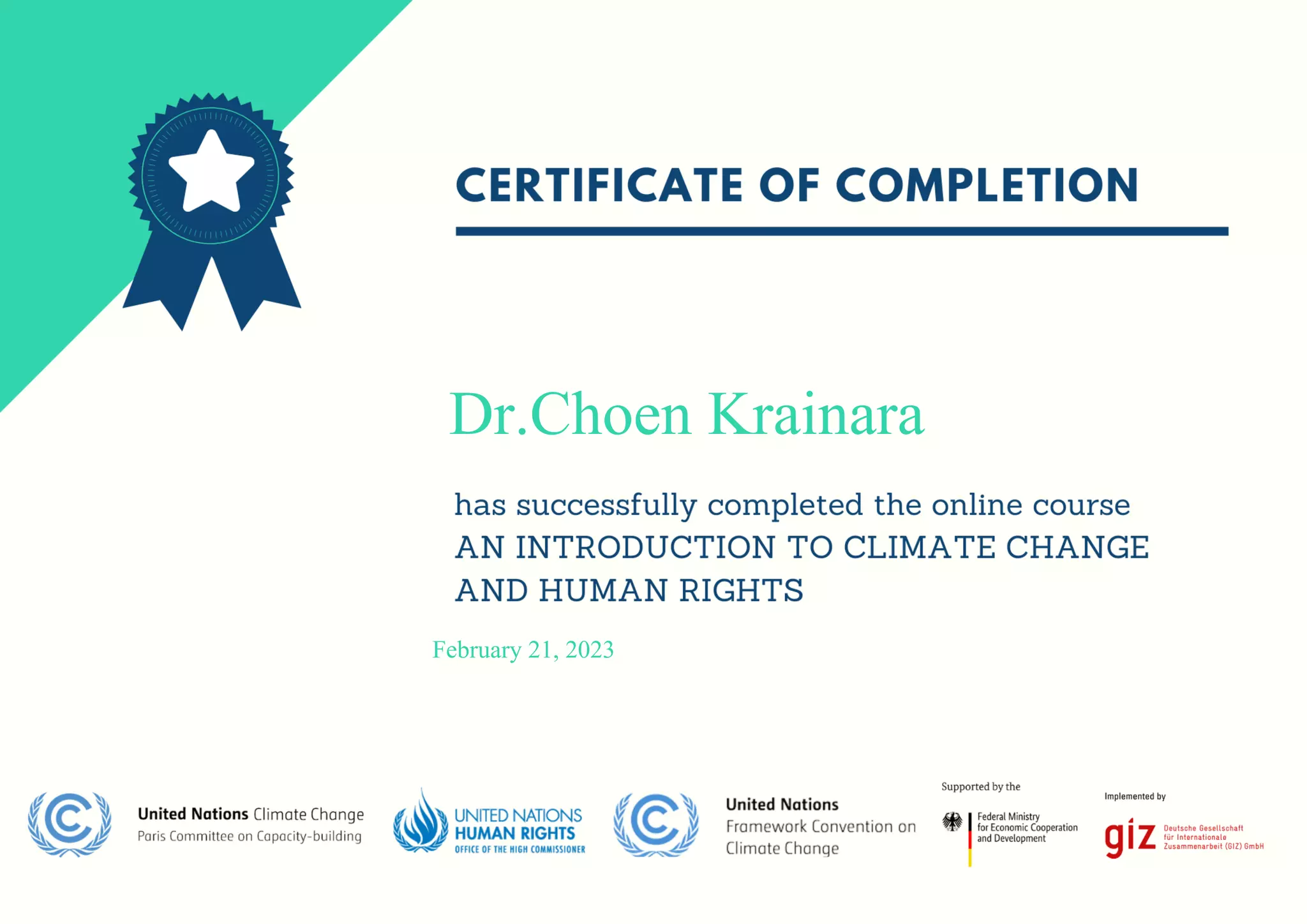 Certificate of Completion in an Introduction to Climate Change and ...