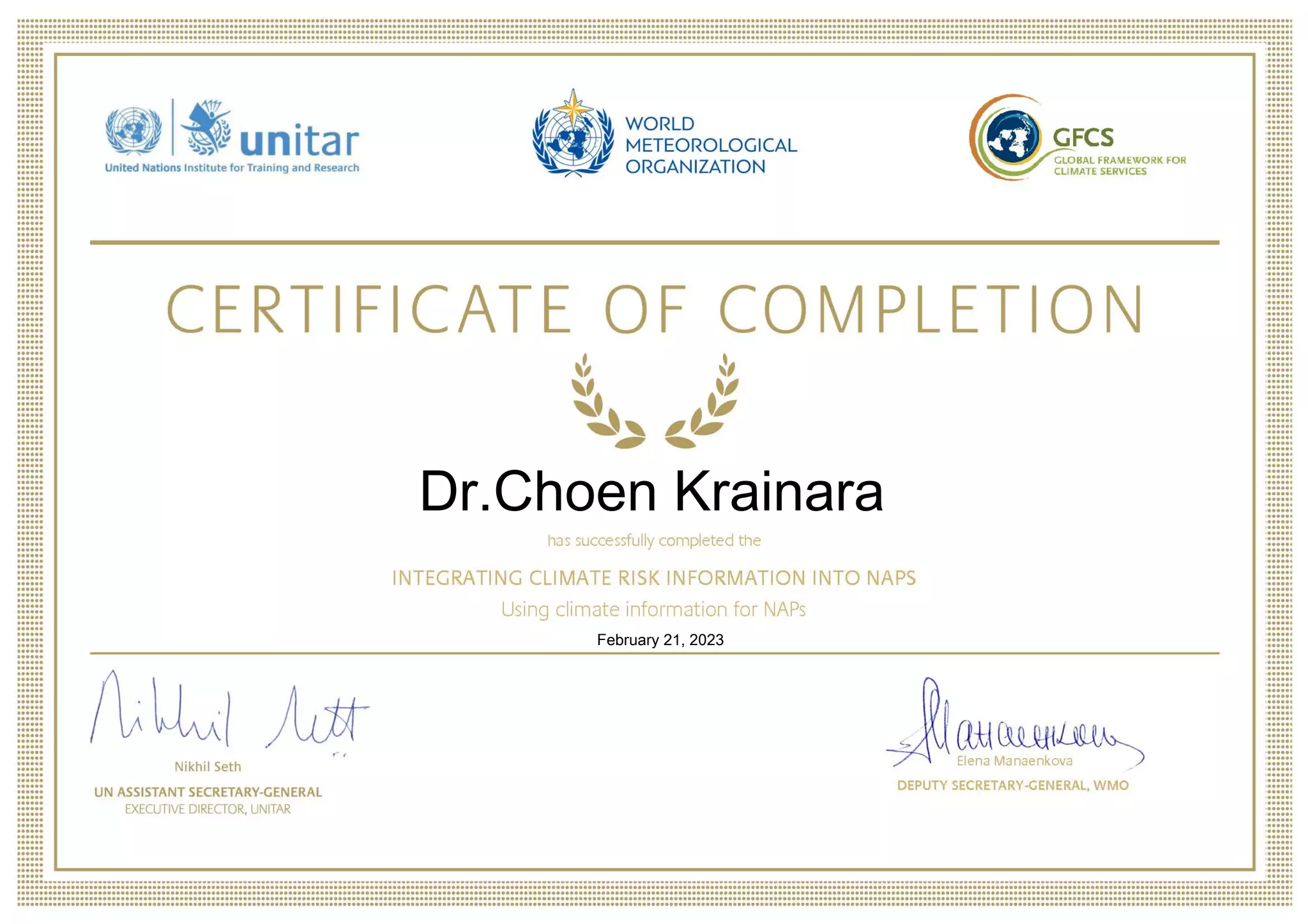 Certificate of Completion in Integrating Climate Risk Information into ...