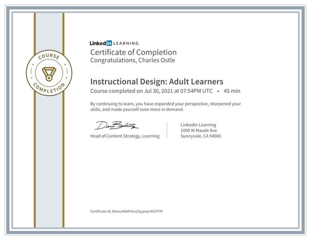 Certificate of completion: Instructional Design Adult Learners | PDF