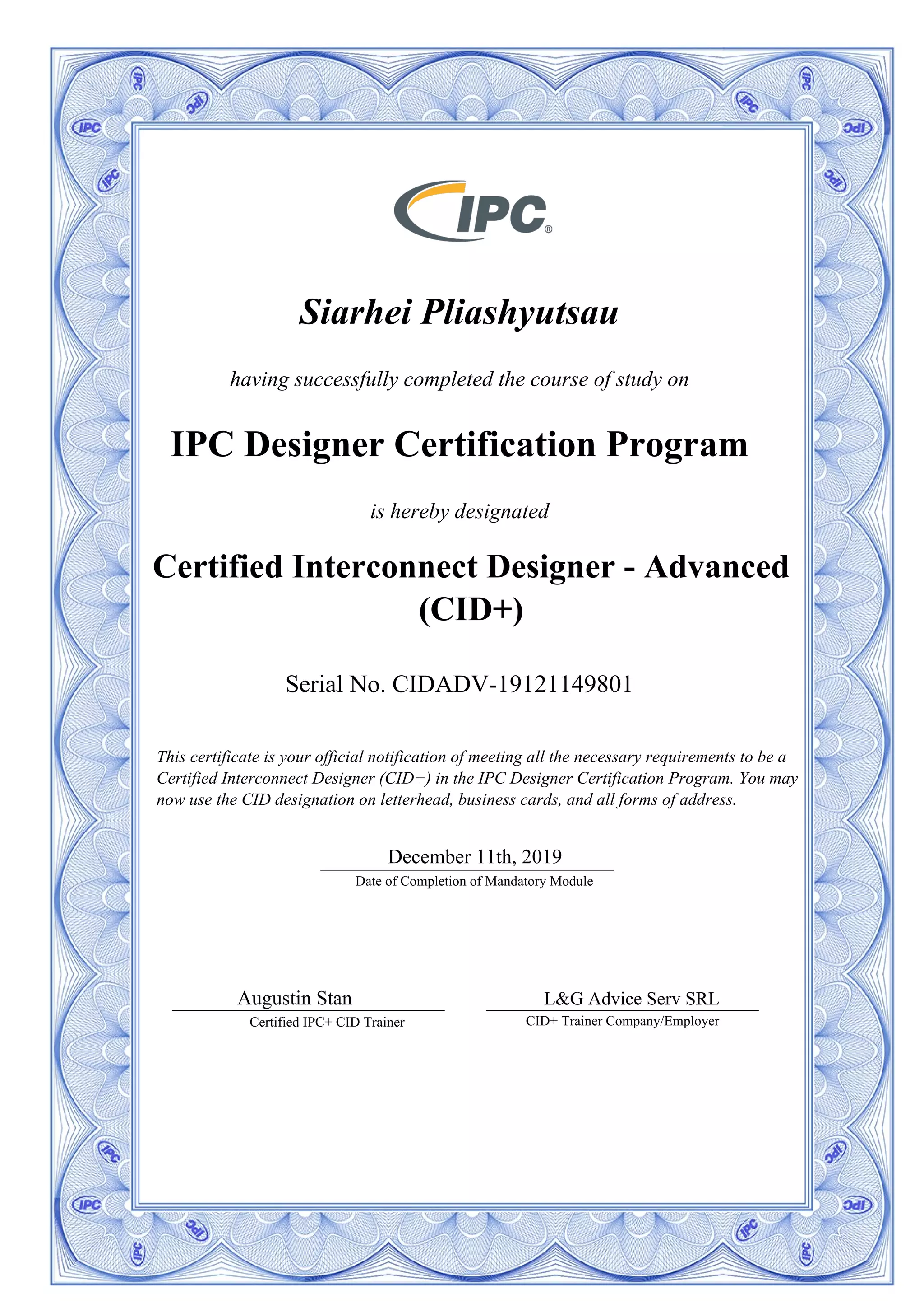 Certificate of completion ipc cid+ certification | PDF