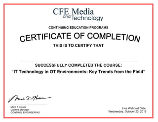 Certificate of completion: "IT technology in OT environments: key ...