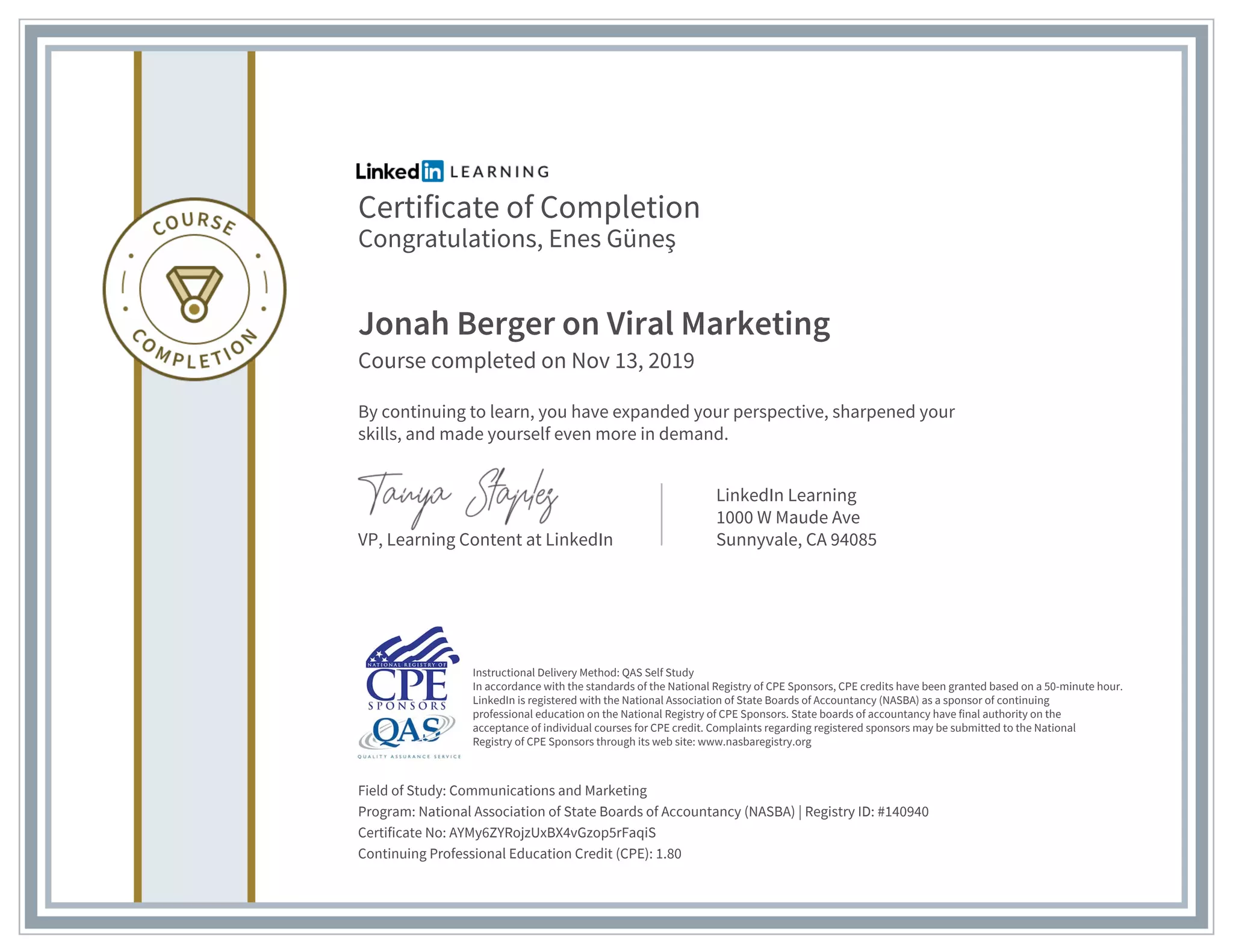Certificate of completion jonah berger on viral marketing | PDF