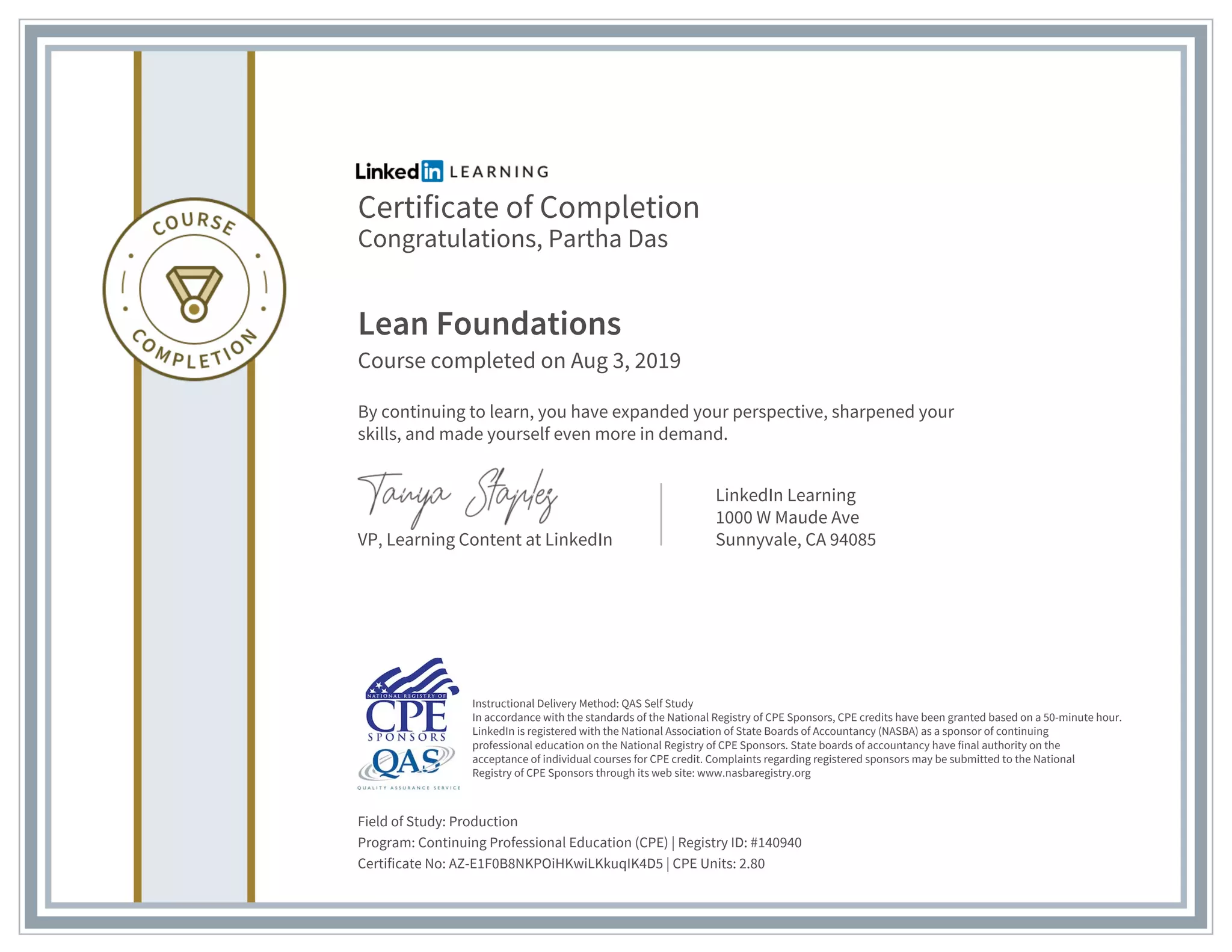 Certificate of completion: Lean Foundations - CPE QAS Self Study | PPT