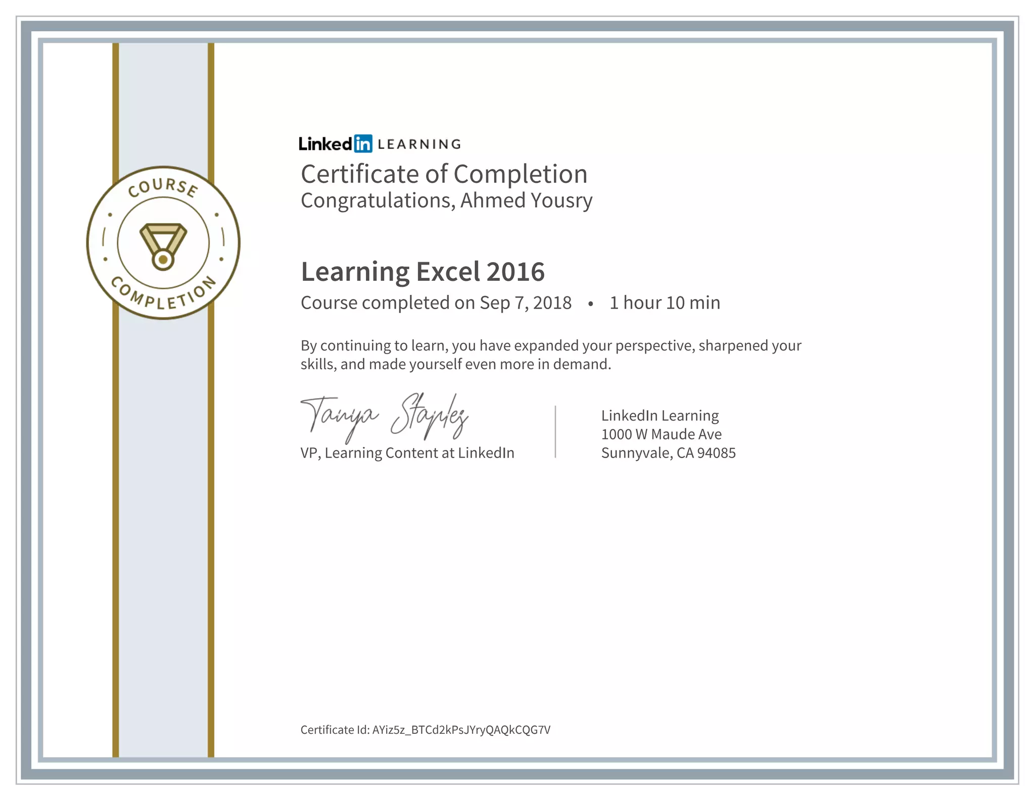 Certificate of completion learning excel 2016 | PDF | Education industry | Industries