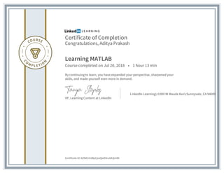 Certificate ofcompletion learning matlab 2 | PDF