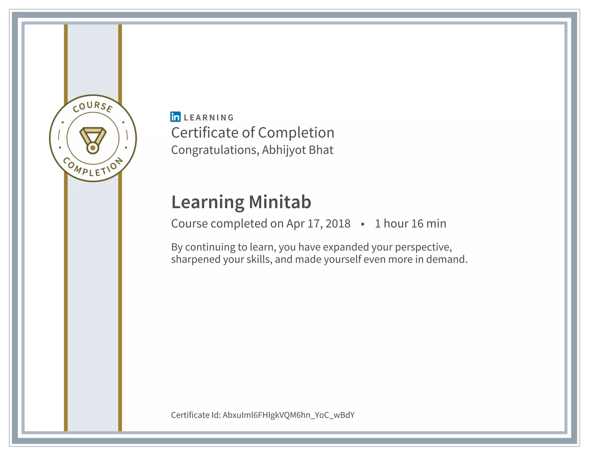 Certificate of completion- Minitab | PPT