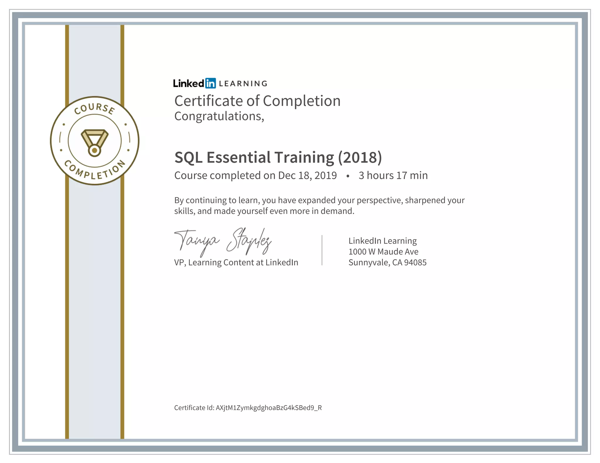 Certificate of completion learning SQL programming | PDF