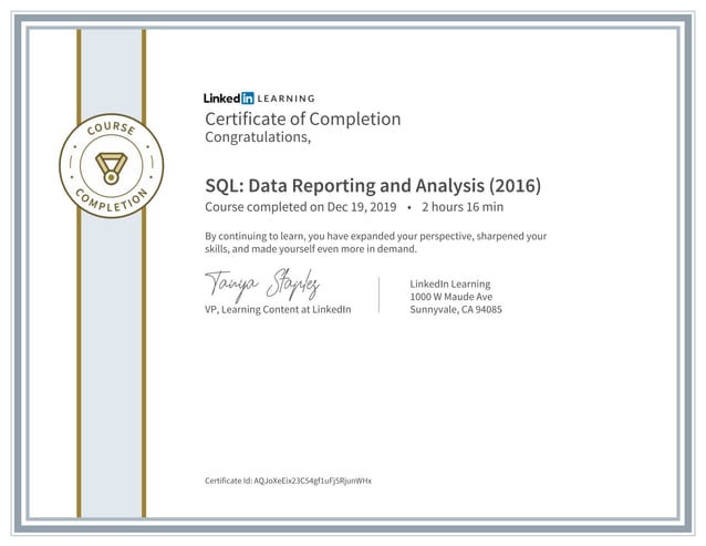 Certificate of completion learning SQL programming | PDF