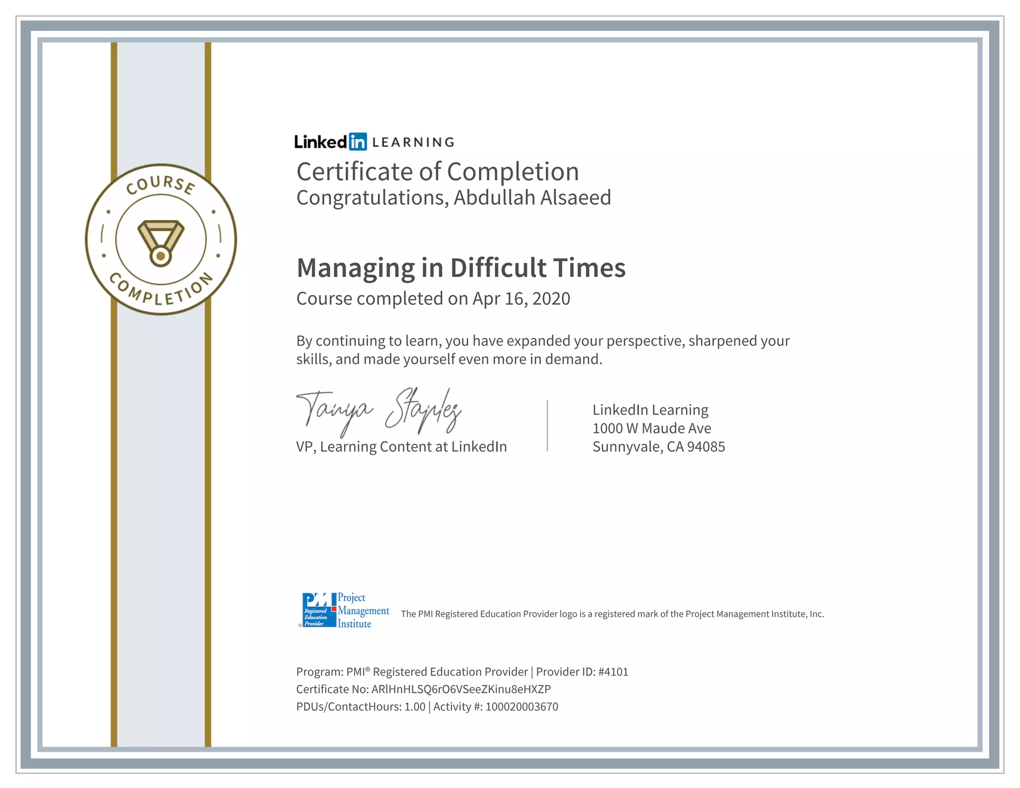 Certificate ofcompletion managing in difficult times | PDF