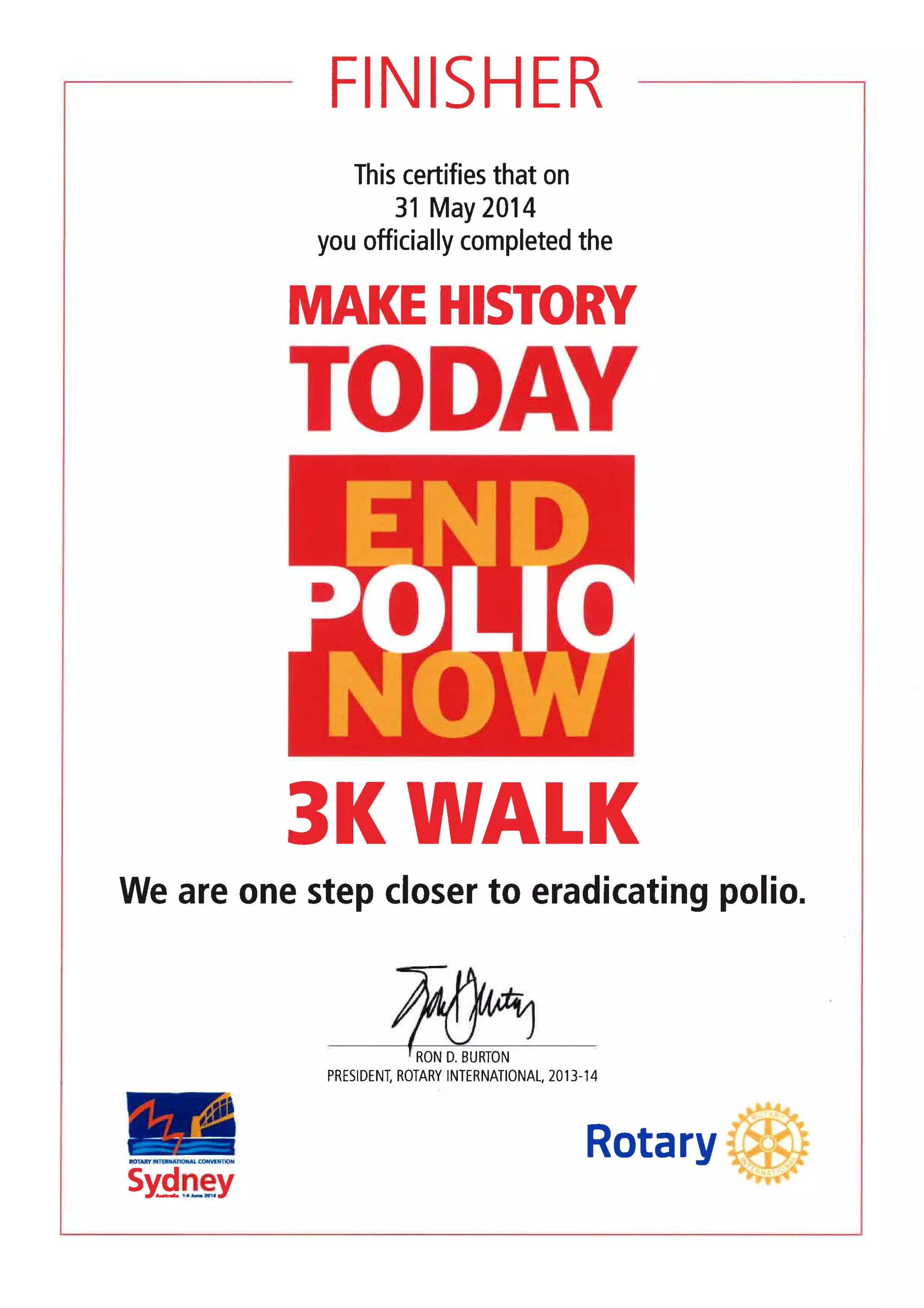 Certificate of Completion of 3 k Rotary International Walk Sydney ...