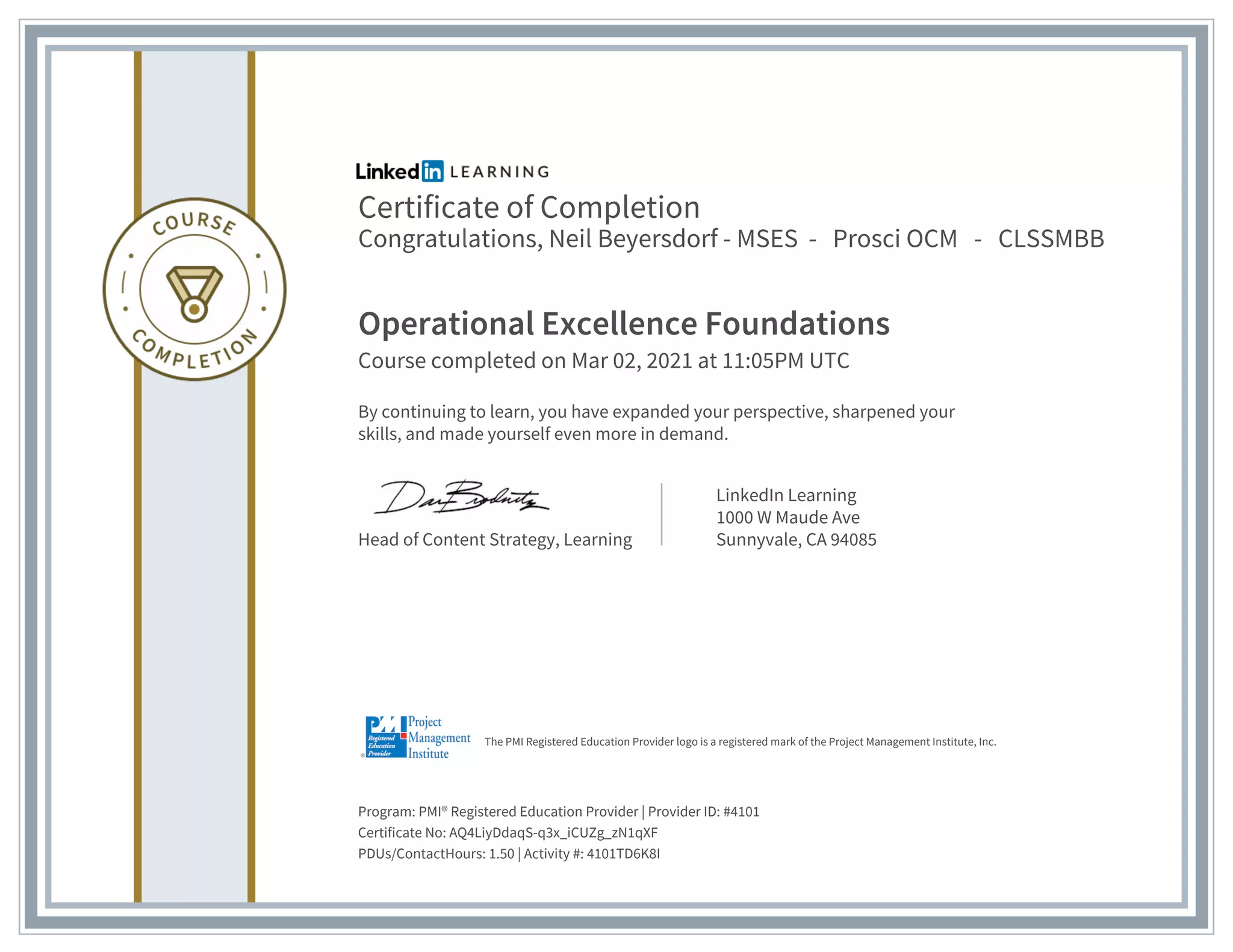 Certificate of Completion Operational Excellence Foundations LinkedIn ...