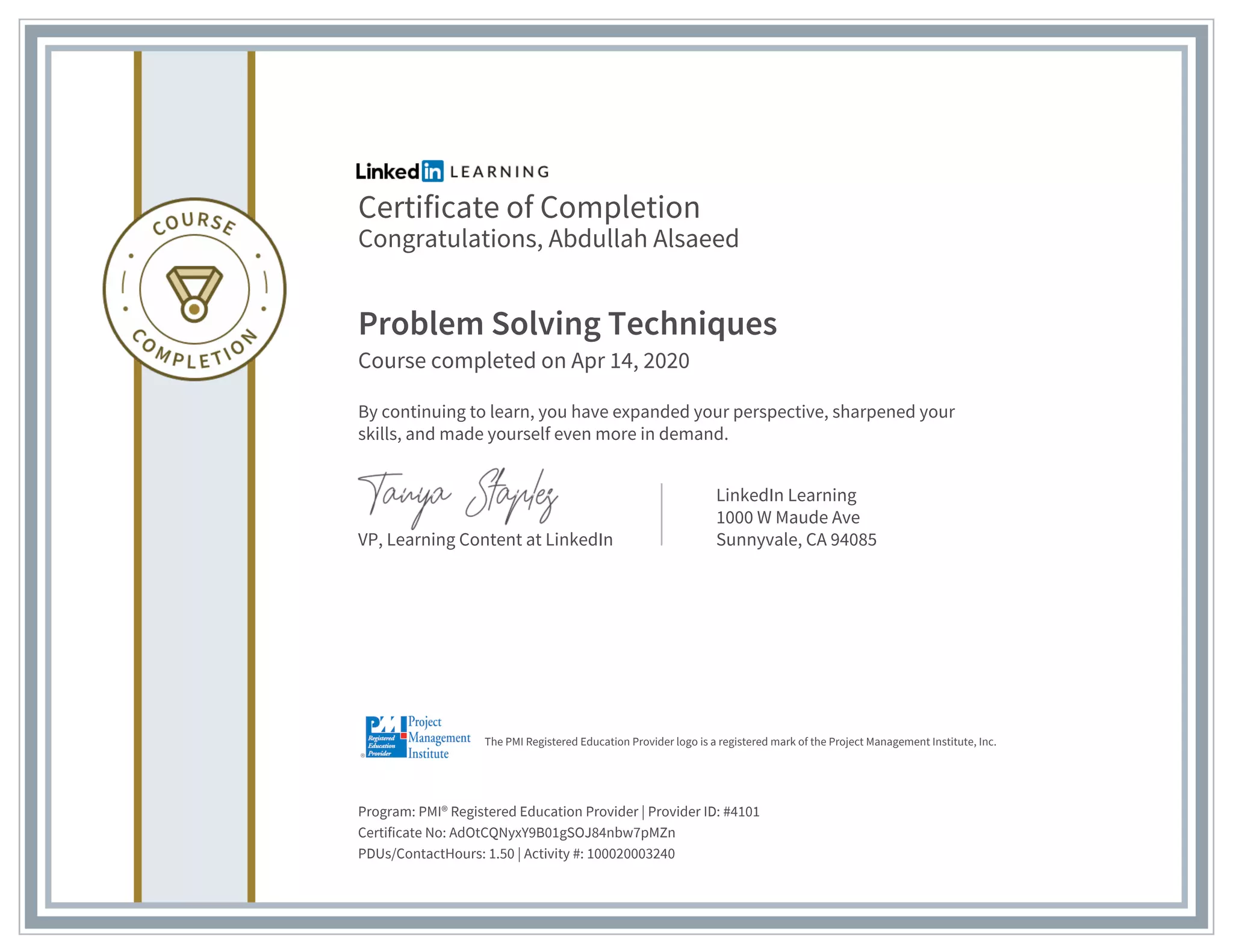 Certificate of completion problem solving techniques | PPT