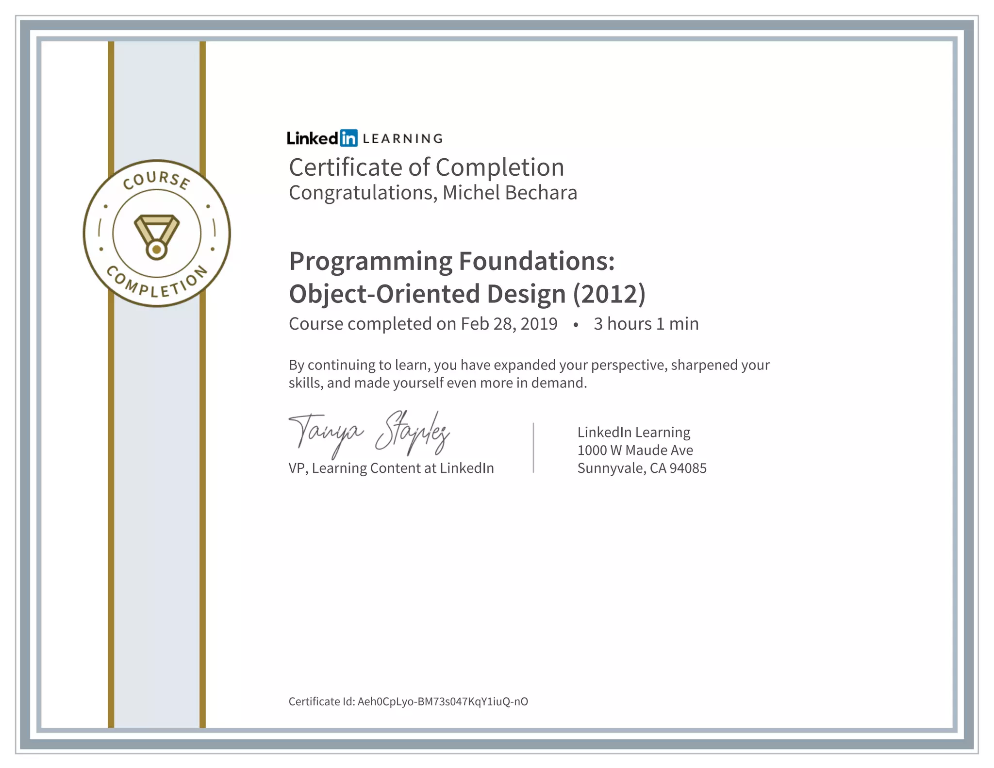 Certificate Of Completion Object Oriented Design Ppt