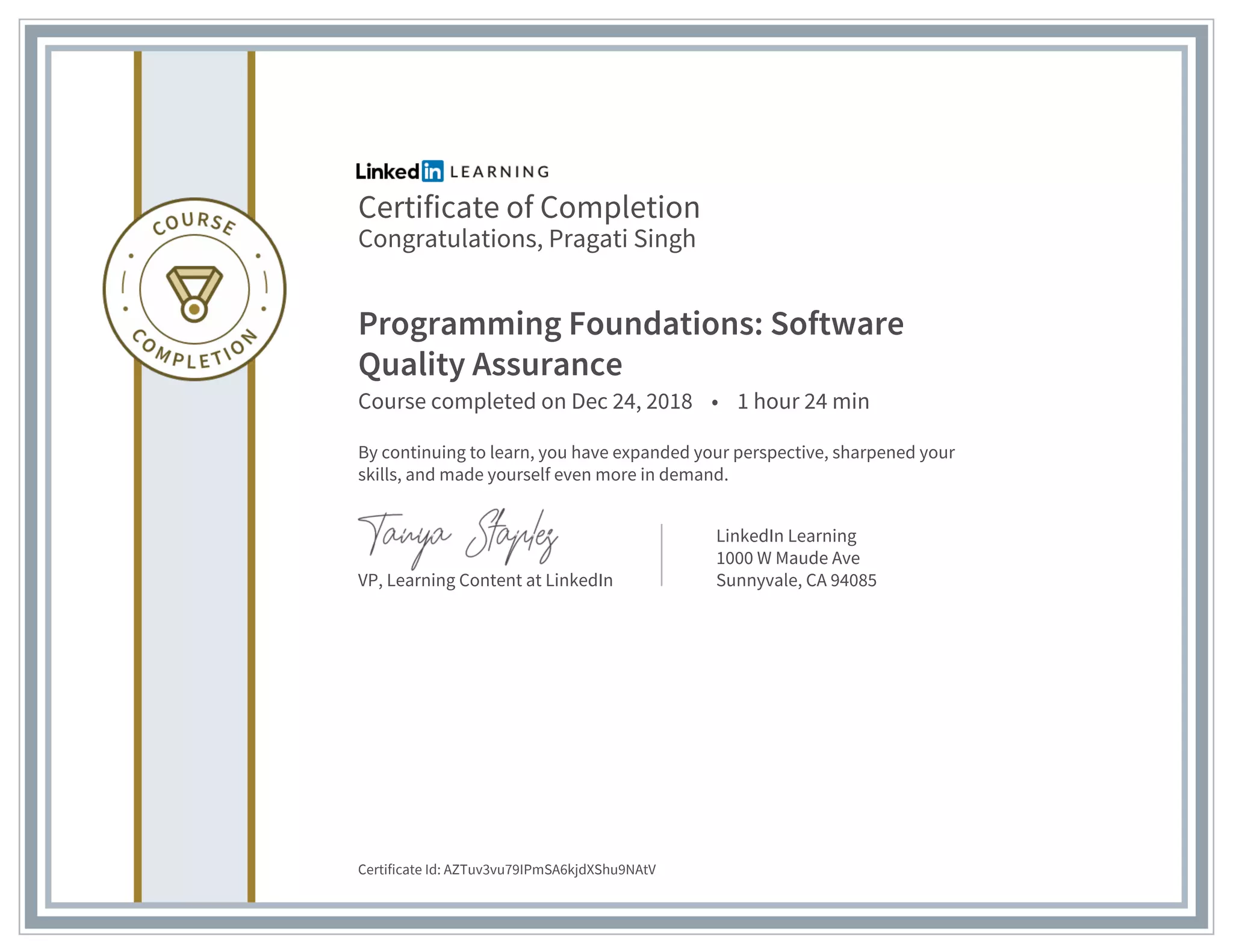 Certificate of completion programming foundations software quality assurance | PDF