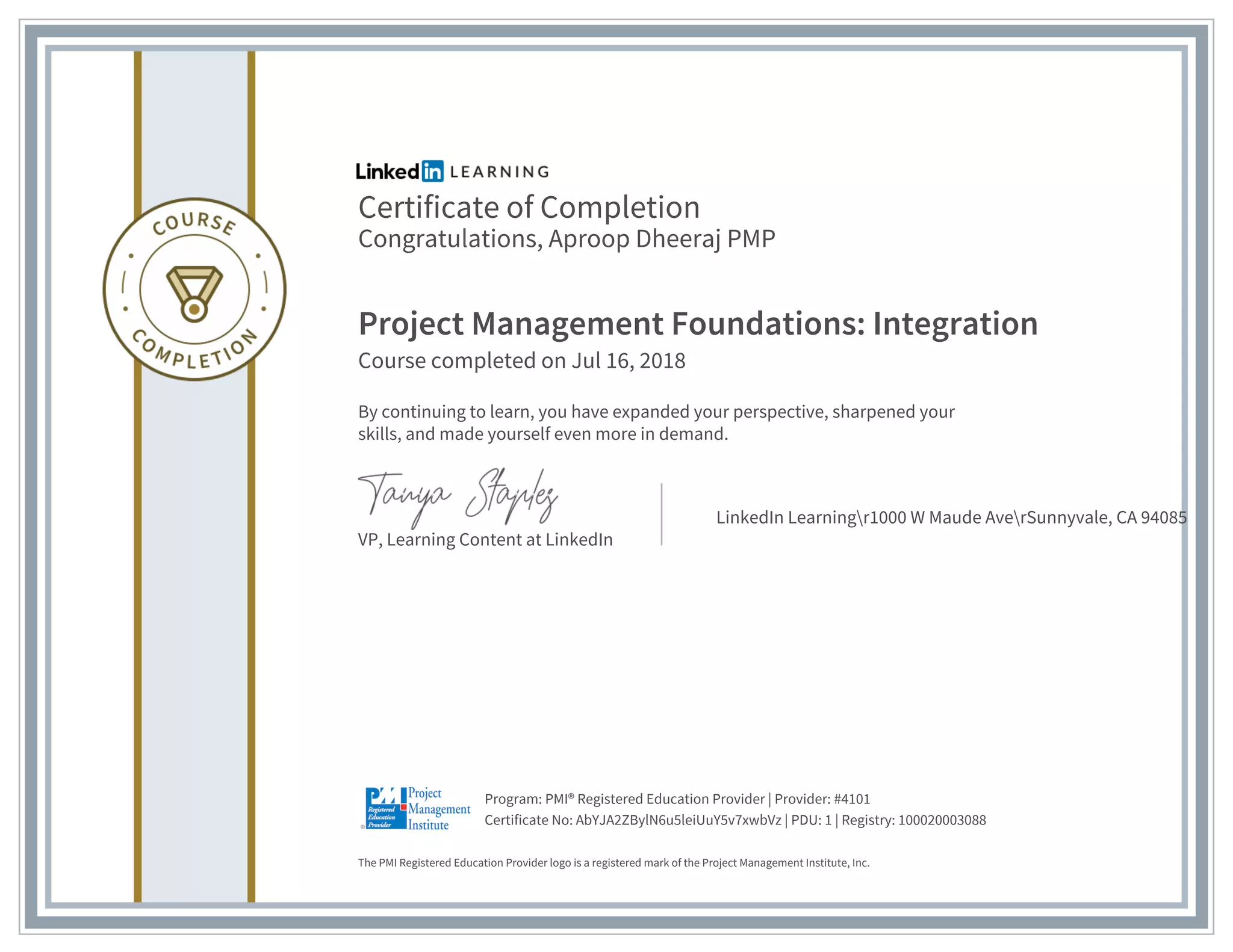 Certificate ofcompletion project management foundations integration | PPT