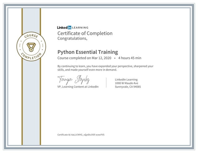 Certificate of completion python essential training 2 | PPT Certificate of completion python essential training 2 | PPT
