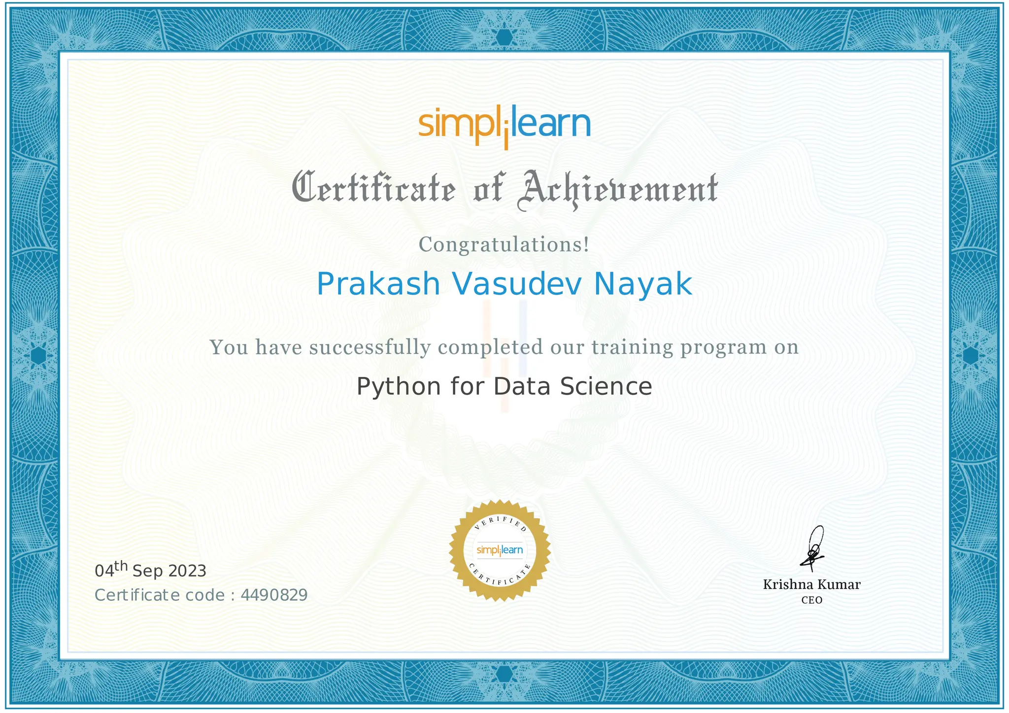 Certificate Of Completion – PG DS - Python for Data Science – Certificate Code# 4490829.pdf