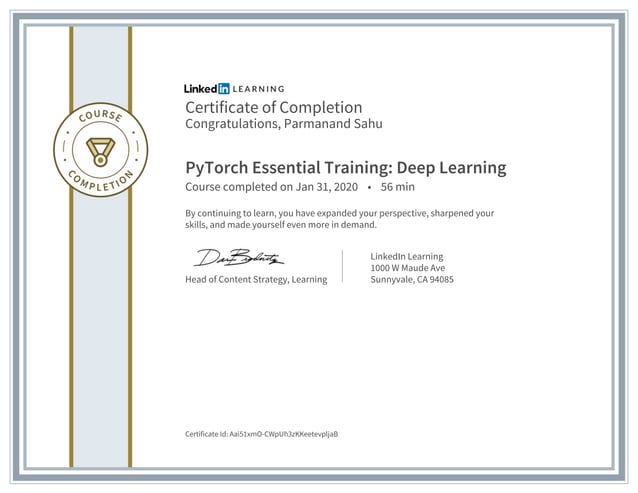 Certificate ofcompletion pytorch essential training_ deep learning Certificate ofcompletion pytorch essential training_ deep learning