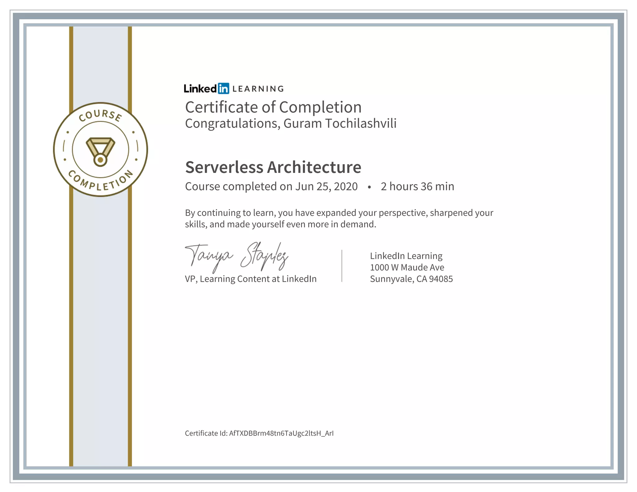 Certificate of completion serverless architecture | PDF | Cloud Computing | Internet