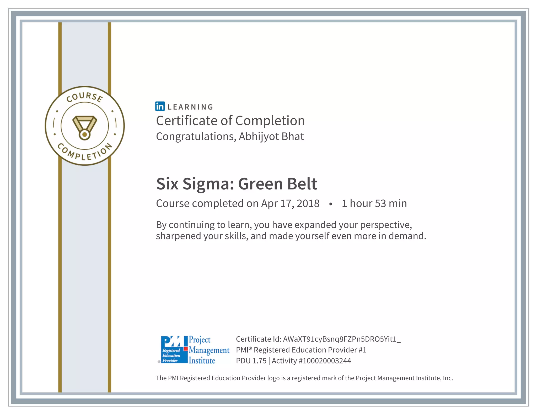 Certificate of Completion- Six Sigma- Greenbelt | PDF