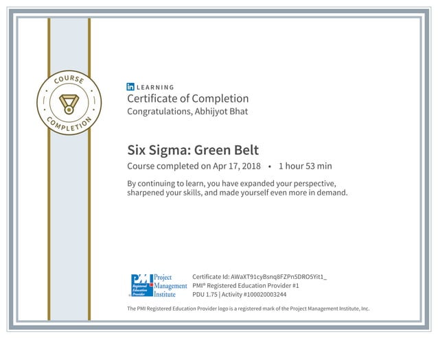Certificate of Completion- Six Sigma- Greenbelt | PDF