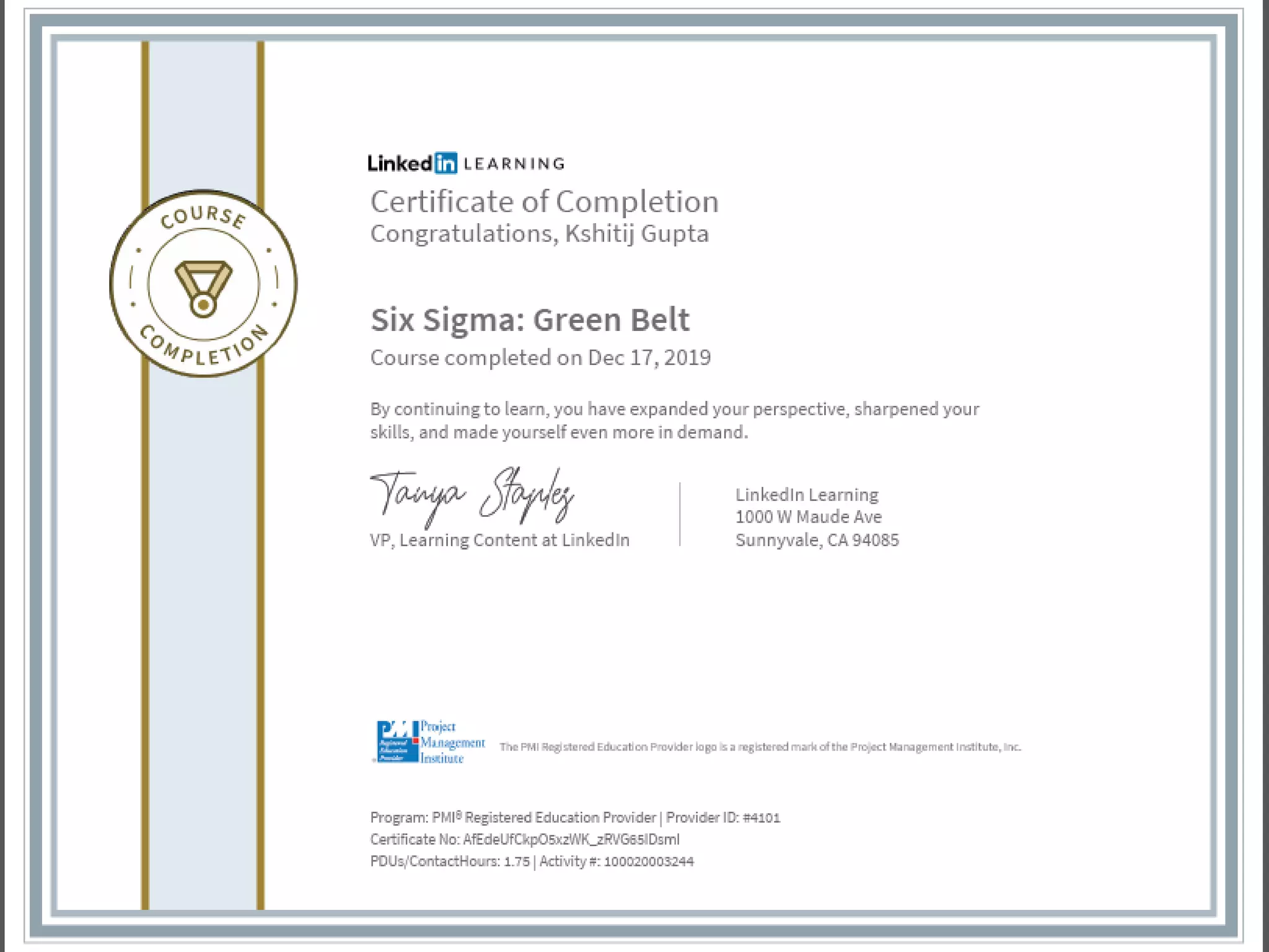 Certificate ofcompletion six sigma green belt - pmi | PPT