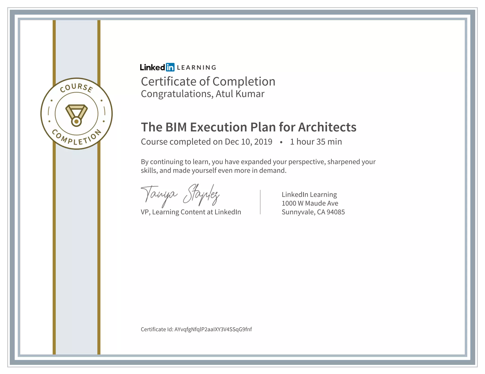 Certificate of Completion the BIM Execution Plan for Architects | PPT